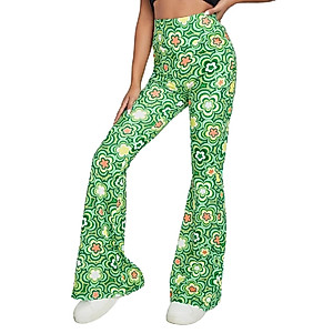 70s Flare Pants for Women - EDC Rave Festival Outfit High Waist Bell Bottom Boho Cute Groovy Disco Trousers(Green, M, 1050e)