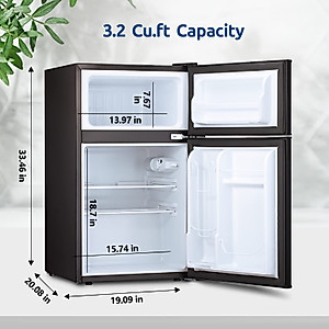 R.W.FLAME Mini Fridge 3.2 Cu.Ft Refrigerator with Freezer, Double Door, Energy Saving for Bedroom, Office, Home, (Black)