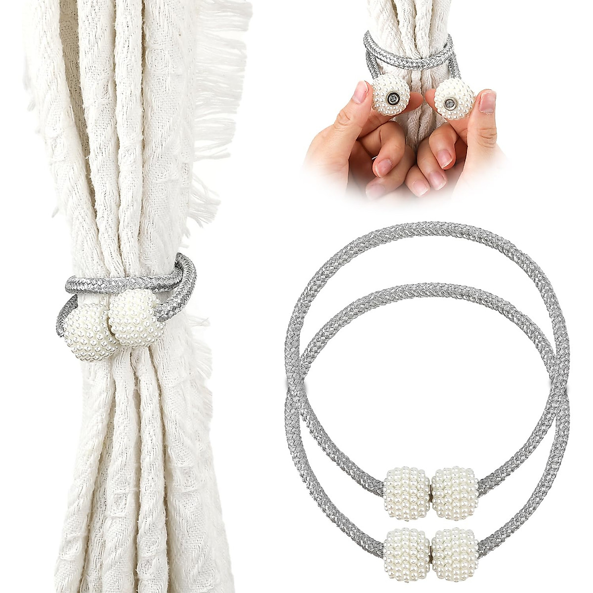 8pcs Magnetic Curtain Ties, Pearl Curtain Ties Decorative Rope Curtain Holder Holdbacks for Drapes Modern Curtain Holdbacks for Home Office Hotel Window Decorative(Grey)