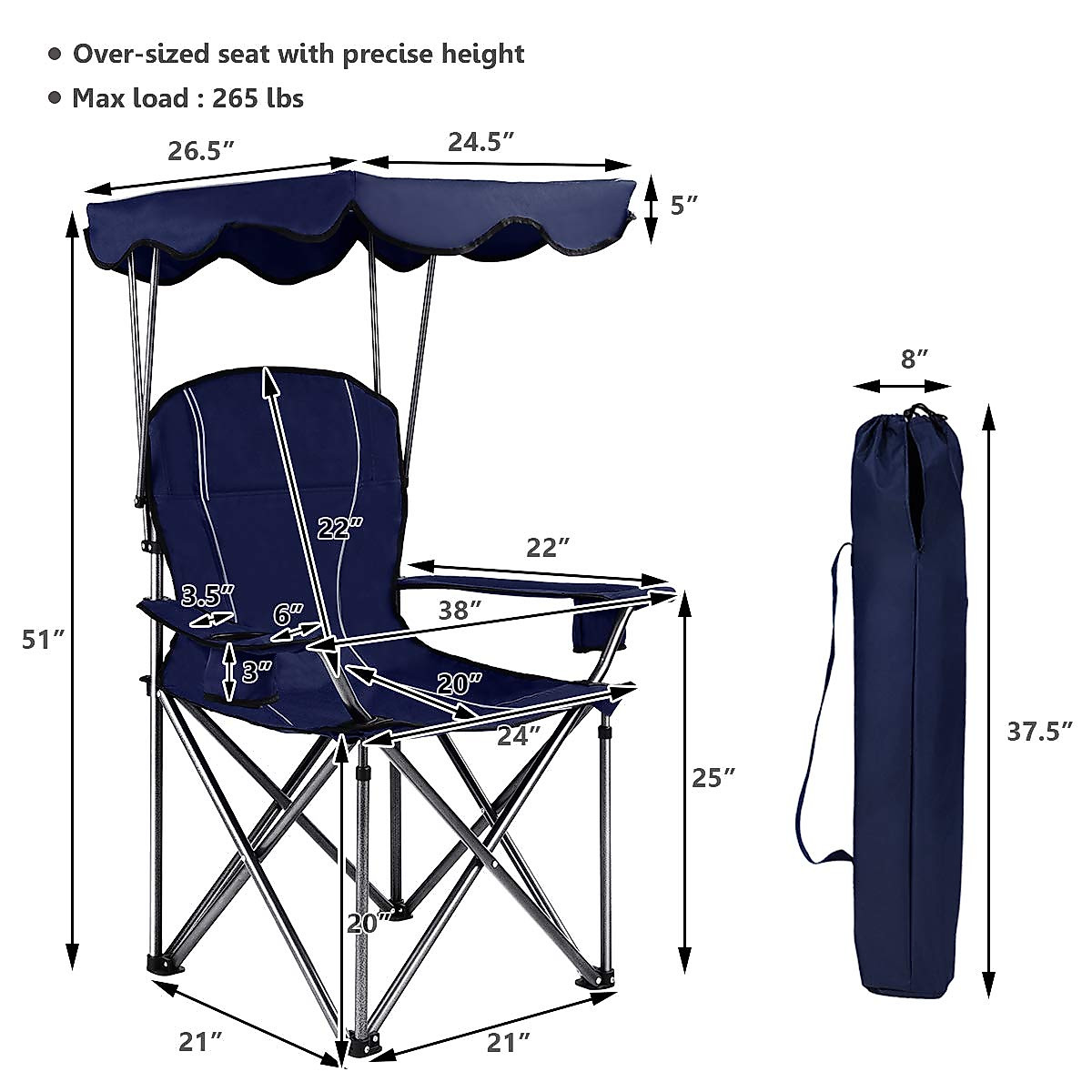 GYMAX Canopy Camping Chair, Folding Sport Chair with Sunshade & Carrying Bag, Portable Heavy Duty Chair for Beach, Poolside, Travel Picnic (Blue)