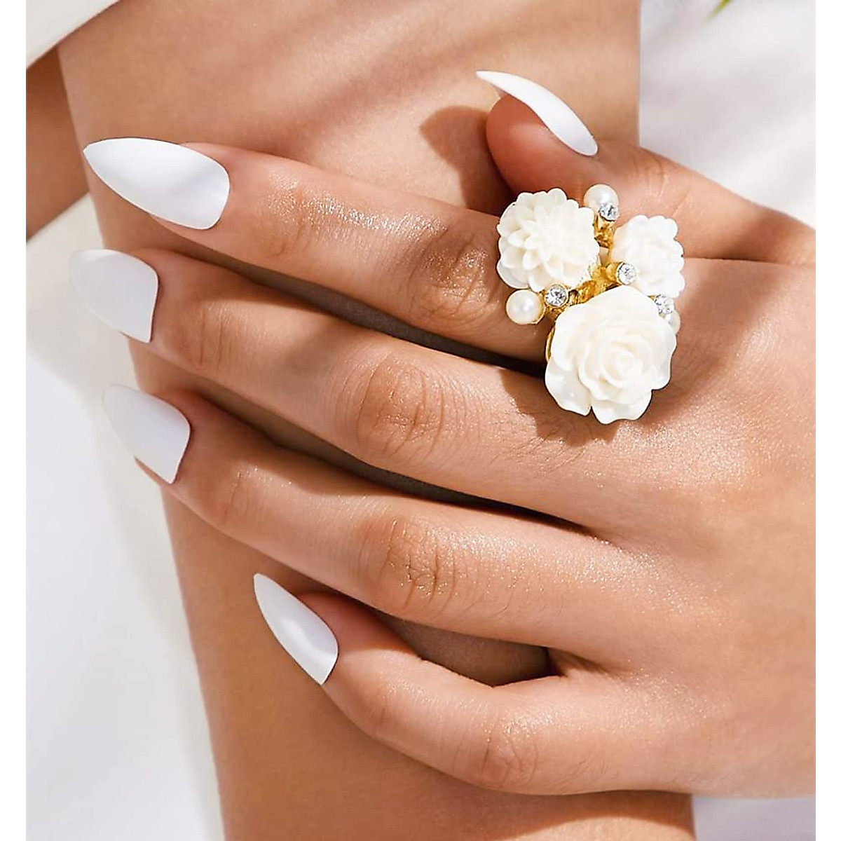 CZ Three White Flower Pearl Open Band Ring for Women Girls Gold Plated Cubic Zirconia Imitation Pearls Resin Rose Flowers Statement Adjustable Expandable Finger Rings Comfort Fit Christmas Jewelry