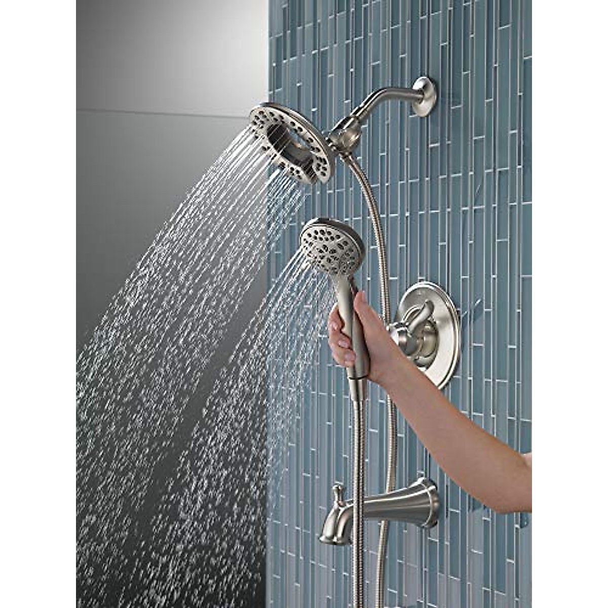Delta Faucet Linden 17 Series Dual-Function Tub and Shower Trim Kit, Shower Faucet with 4-Spray In2ition 2-in-1 Dual Hand Held Shower Head with Hose, Stainless T17494-SS-I (Valve Not Included)
