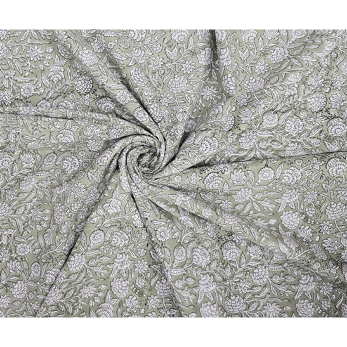 Green Hand Block Printed Indian Natural Cotton Jaipuri Print Sanganeri Kurti Print Fabric by The Yard (3 Yard)