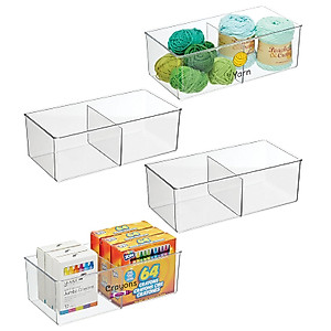 mDesign Plastic Craft & Sewing Storage Organizer Bin Box - 2 Divided Sections - Holder for Holds Paint, Colored Pencils, Glitter, Stickers, Glue, Yarn - 4 Pack + 24 Adhesive Labels - Clear