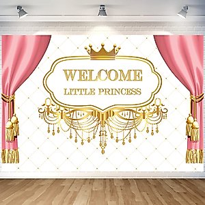 Royal Princess Baby Shower Backdrop Welcome Little Princess Birthday Party Photography Backdrop Pink Curtain Golden Crown Background Baby Little Girls Shower Decorations 7x5ft (Pink Princess)