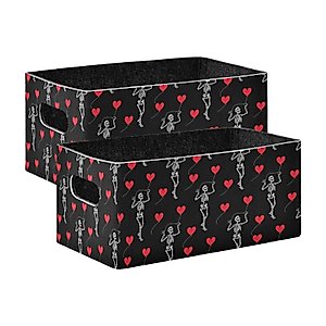Skeleton Valentine Storage Basket Bins Set (2pcs) Felt Collapsible Storage Bins with Handles Foldable Shelf Drawers Organizers Bins for Nursery Toys,Kids Room,Clothes,Towels,Magazine