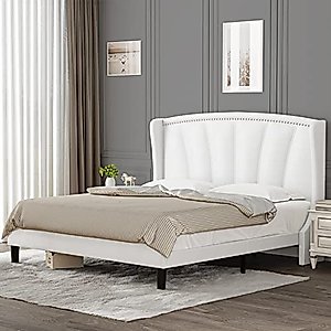Full Size Bed Frame Upholstered Queen Bed Frame with Faux Leather Headbaord Modern Deluxe Wingback, Mattress Foundation Wood Slat Support Platform Bed No Box Spring Needed, Easy Assembly, White
