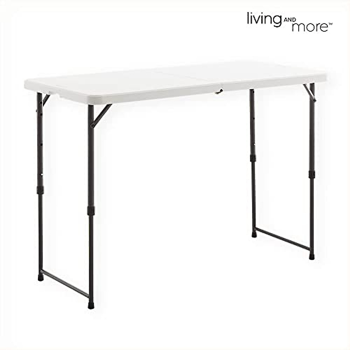 Living and More 4 Foot Height Adjustable Fold-in-Half Table with Carrying Handle, Easy Folding and Storage, Indoor Outdoor Use, White