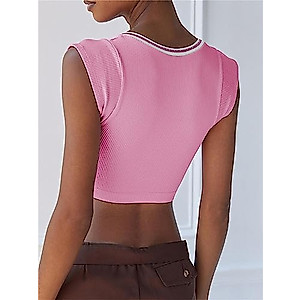 Women Y2K Going Out Crop Top Short Sleeve V Neck Ribbed Cropped T Shirt Casual Basic Fitted Baby Tees Streetwear A Pink