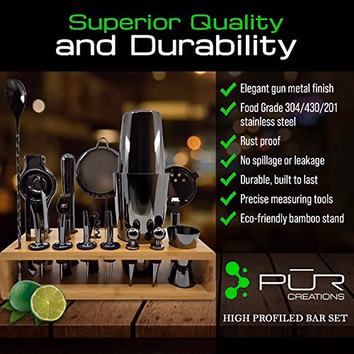 First class Mixology Bartender Kit: Create a memorable drink experience / 17-piece Boston shaker cocktail barware tool set, Rust + Leak proof, firm Eco-friendly bamboo stand. For Home, Parties, Travel