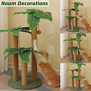 Fhiny 35.4"Tall Cat Scratching Post, Cat Scratcher with 3 Scratching Poles for Adult Kitten Scratching Tree Hanging Ball Toy Cute Canna Vertical Kitty Activity Center for Indoor Large Cat Kitty Rabbit