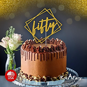 Fifty Cake Topper Gold Glitter, Modern Design 50 Birthday, Days, Months, Anniversary Party Decoration Ideas, Premium Quality, Sturdy Doubled Sided Glitter, Acrylic Stick. Made in USA
