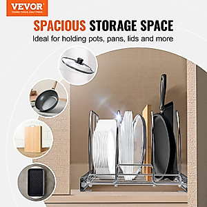 VEVOR Pan and Pot Rack, Expandable Pull Out Under Cabinet Organizer, Cookie Sheet Baking Pans tray Organization, Adjustable Wire Dividers, Steel Lid Holder for Kitchen Cabinet & Pantry Storage, 11.7"W