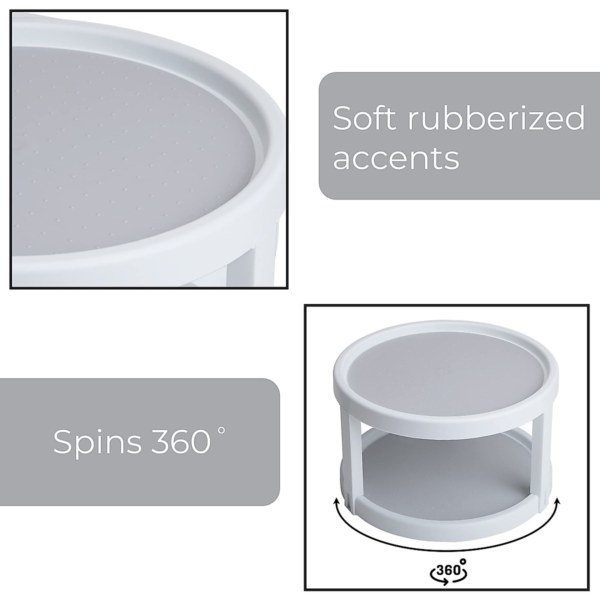 Smart Design 2-Tier Lazy Susan Turntable - 10 Inch - Non-Slip Lining and Feet - BPA Free - Cupboard, Fridge, Jars, Spices, Cabinet, Countertop, Pantry, Storage, Kitchen Organizer - White with Gray