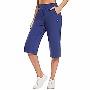 BALEAF Women's 17" Capri Yoga Pants Cotton Loose Soft Drawstring Workout Sweatpants Summer Causal Lounge Pants with Pockets Navy XXL