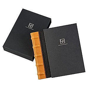 Vintage Leather Journal, Black Hardcover Notebook w/Tan Nubuck Ribbed Spine by Leatherpress, Artisan Blacksmith Design, Lined Pages Heavyweight Paper, Table of Contents w/Numbered Pages