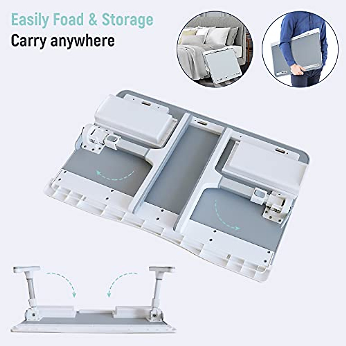 Laptop Bed Tray Desk, Adjustable PVC Leather Bed Table 2 Drawer, Portable Laptop Lap Desk with Foldable Legs for Bed Sofa Couch Floor, Supplies for Online Working, Study