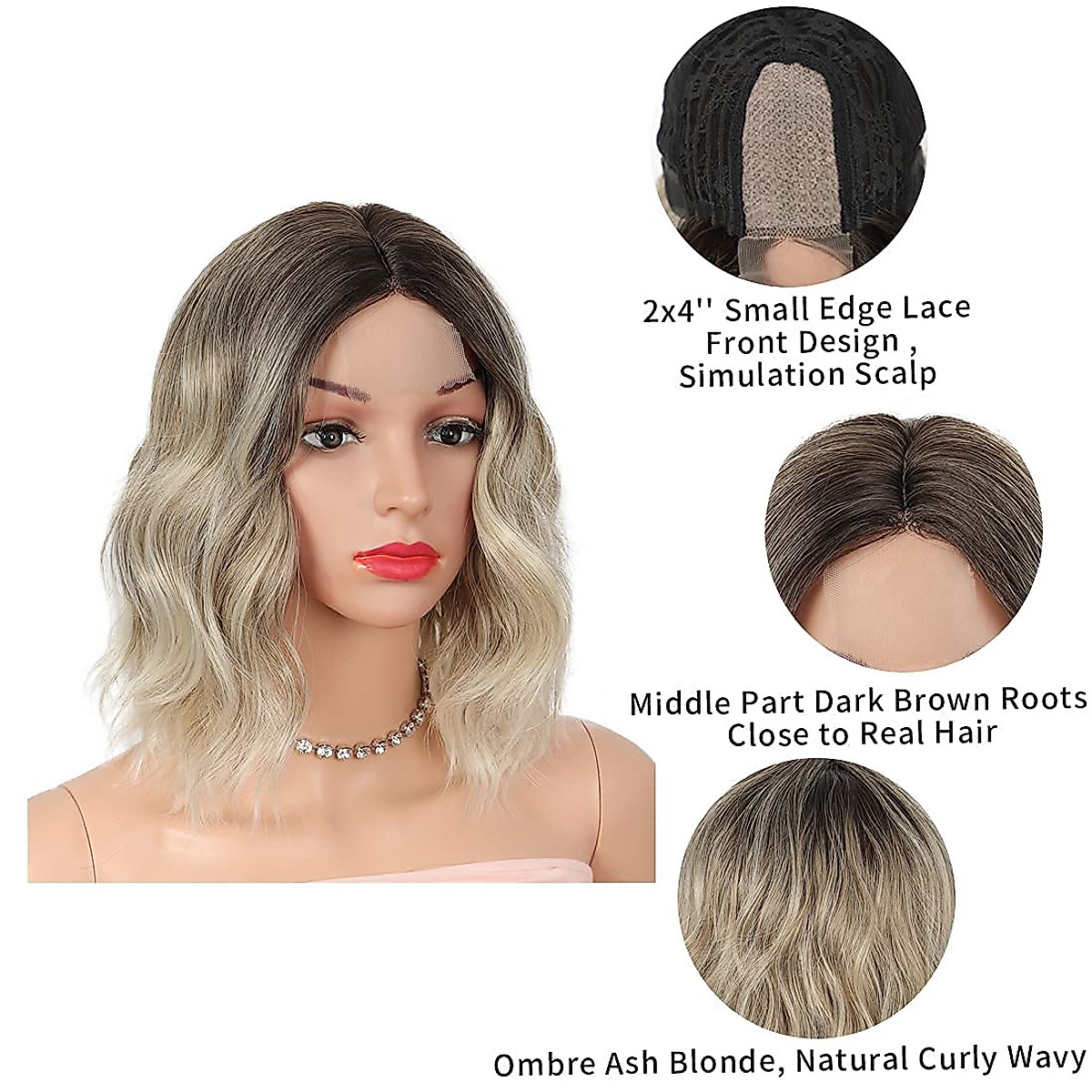 Kalyss 12" Synthetic Edge Lace Front Wigs for Women Short Wavy Bob Wig Middle Part Ombre Ash Blonde Wig for Daily Wear(12”, Ombre Ash Blonde)