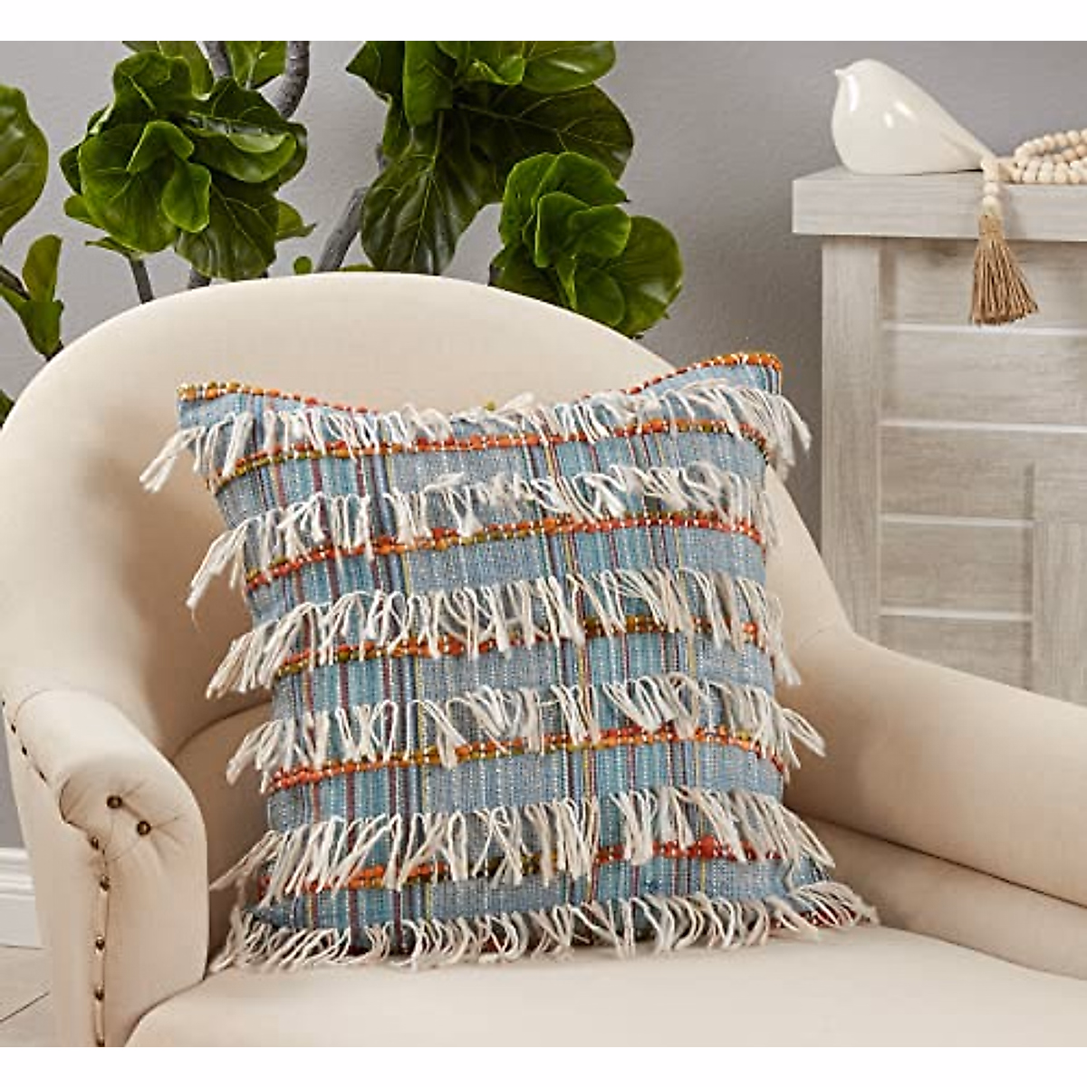 SARO LIFESTYLE Shaggy Striped Throw Pillow with Down Filling, Multi, 22"