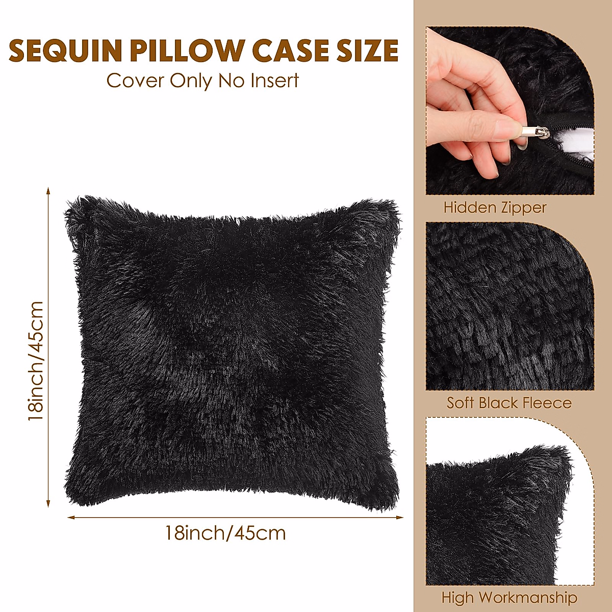 Mixweer 4 Pcs Sequin and Fluffy Pillow Cases Glitter Pillow Covers Faux Fur Throw Covers Decorative Cushion Case for Couch Bed Sofa Wedding, No Insert(18'',Gold, Black)