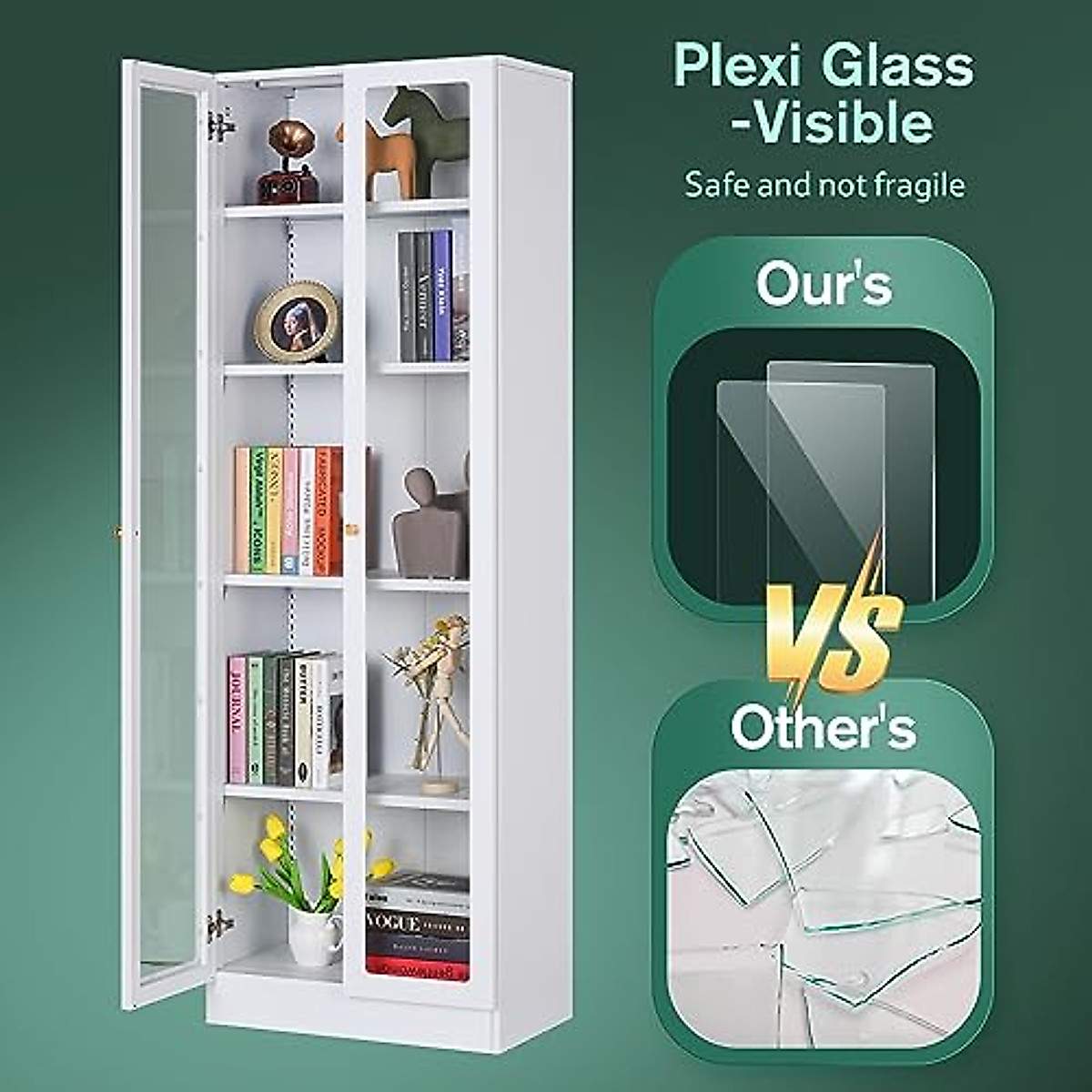 IRONMIX Enclosed Bookshelf with Acrylic Door and Adjustable Shelves, 70 Inch Tall Storage Cabinet 5 Tier, Dust Proof Display Shelf for Home, Office - White