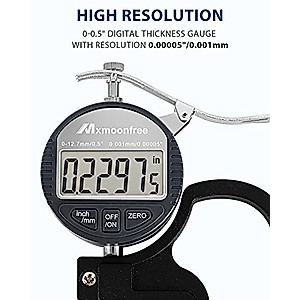 Mxmoonfree Digital Thickness Gauge 0.001mm/0.00005" | 0-12.7mm/0.5" Electronic Micrometer Thickness Meter with LCD Display, Unit Conversion, Storage Case, Extra Battery