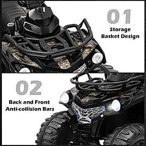 Costzon Kids ATV, 12V Battery Powered Electric Vehicle w/Music, Headlights, MP3, Spring Suspension, High & Low Speed, Treaded Tires, Storage Basket, Ride on 4 Wheeler Quad for 3-8 Years Old (Black)