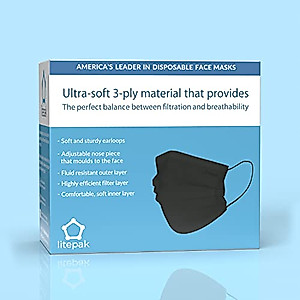 125-Pack Litepak Disposable Face Mask Premium Comfort Earloops with Dispenser Box (Black)