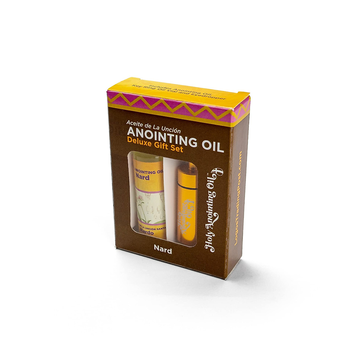 Nard Anointing Oil from Israel Boxed Gift Set with Dispenser, Holy Jerusalem Oil & Gold Metal Keychain Bottle Container, Plastic Dropper & Small Glass Vial, Aceite Ungido y Botella