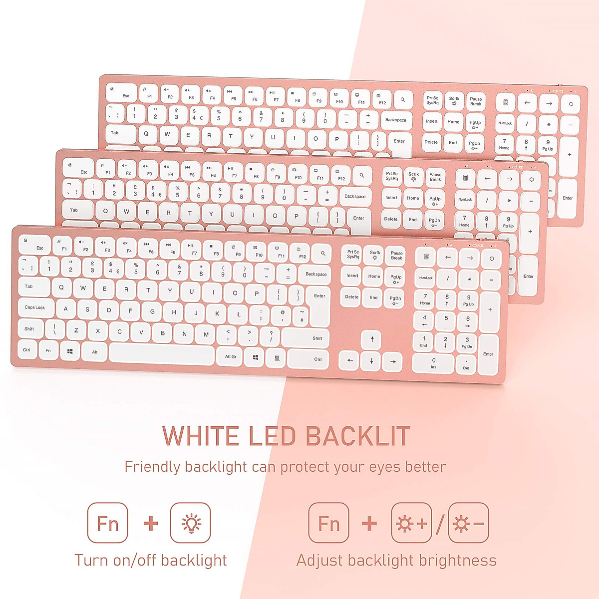seenda Backlit Wireless Keyboard, 2.4GHz Ultra Slim Rechargeable Keyboard, Illuminated Wireless Keyboard for Computer, Laptop, Desktop, PC, Surface, Smart TV, Windows 10/8/7 (Rose Gold)