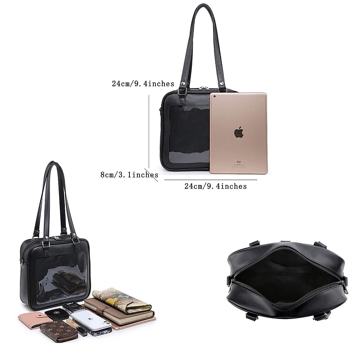 Women Ita Handbag, Tote Purse with Cute Clear Pins Display Window, Ita Shoulder Bag, Black