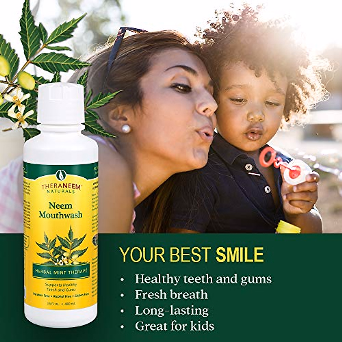 TheraNeem Neem Mouthwash, Herbal Mint | Freshens Breath, Supports Healthy Gums and Teeth, Vegan, Great Mint Taste | 16oz