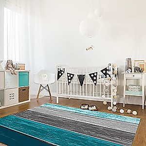 Teal Wood Grain Area Rugs Indoor Non-Slip Rectangle Rug 2.7x5 ft, Farmhouse Barn Teal Green Gray Plank Rug Rubber Backing Floor Mats Contemporary Home Decor Carpet for Entryway Living Room Bedroom