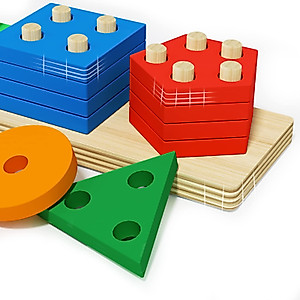 Dreampark Wooden Educational Toys, Wooden Shape Color Sorting Preschool Stacking Blocks Toddler Puzzles Toys Birthday Gifts for Boys and Girls Age 1 2 3