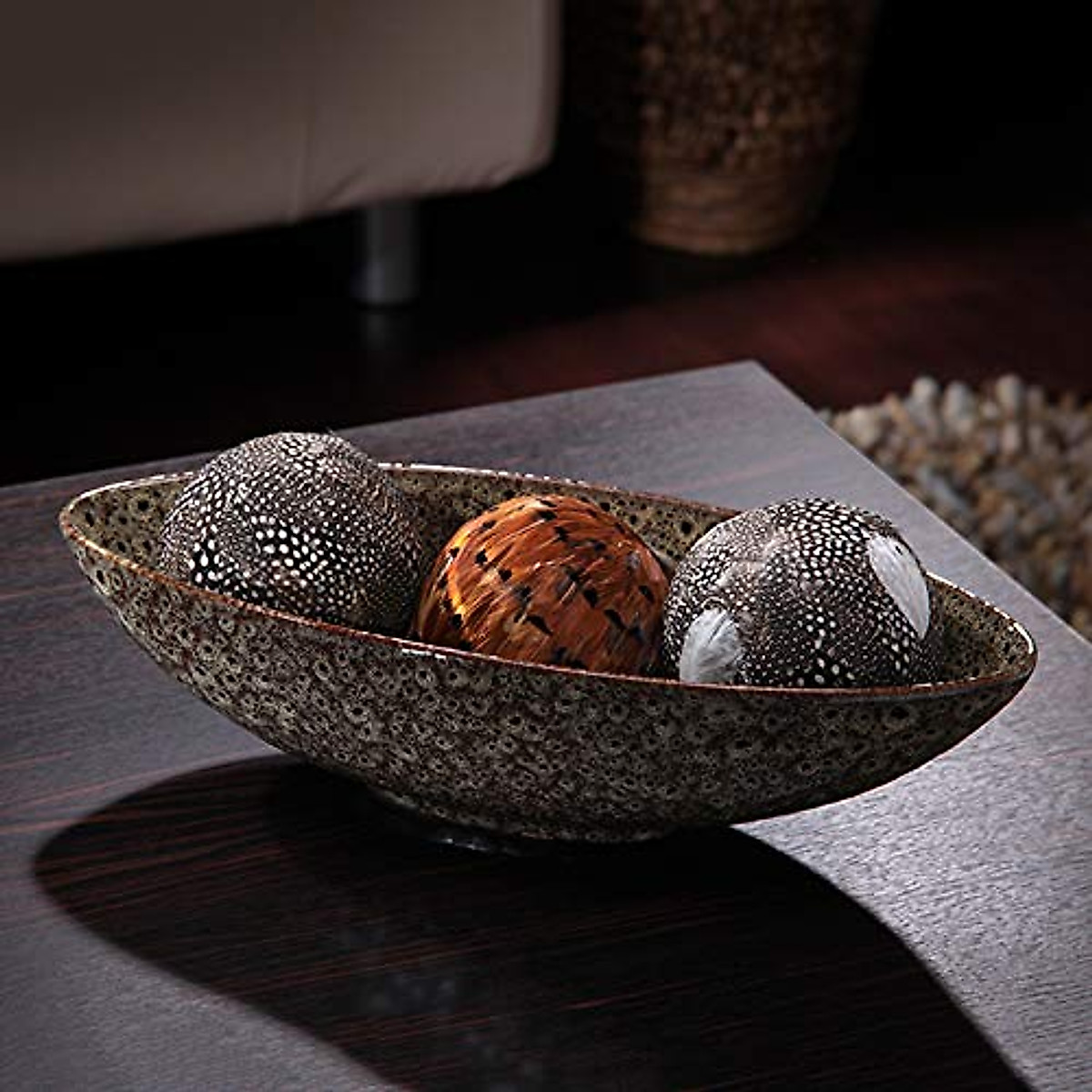 Hosley Set of 2 Decorative Oval Ceramic Bowl Peacock Feather Pattern 14.5 Inch Long. Bowl for Orbs and Potpourri.
