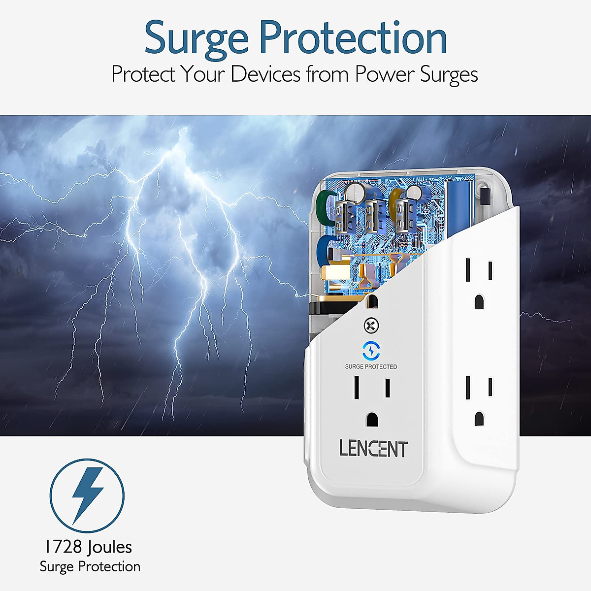 LENCENT USB Wall Charger, Surge Protector 6 Outlet Extender with 3 USB Ports, 1728J Power Strip Multi Plug,3-Sided Widely Spaced Adapter Multiple Expander,Mountable Wall tap for Home Travel Office