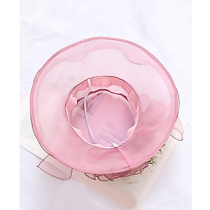 ELLYDOOR Women Kentucky Derby Fascinator Hat Organza Church Wedding Hat Wide Brim Cocktail Tea Party Hat Pink