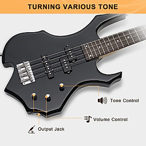 GLARRY Electric Bass Guitar 4 Strings Buring Fire Style Single Coil - Split Single Coil Pickups for Beginner Adults Right Hand w/ 20W Amp, Bag, Strap and Cord (Black)