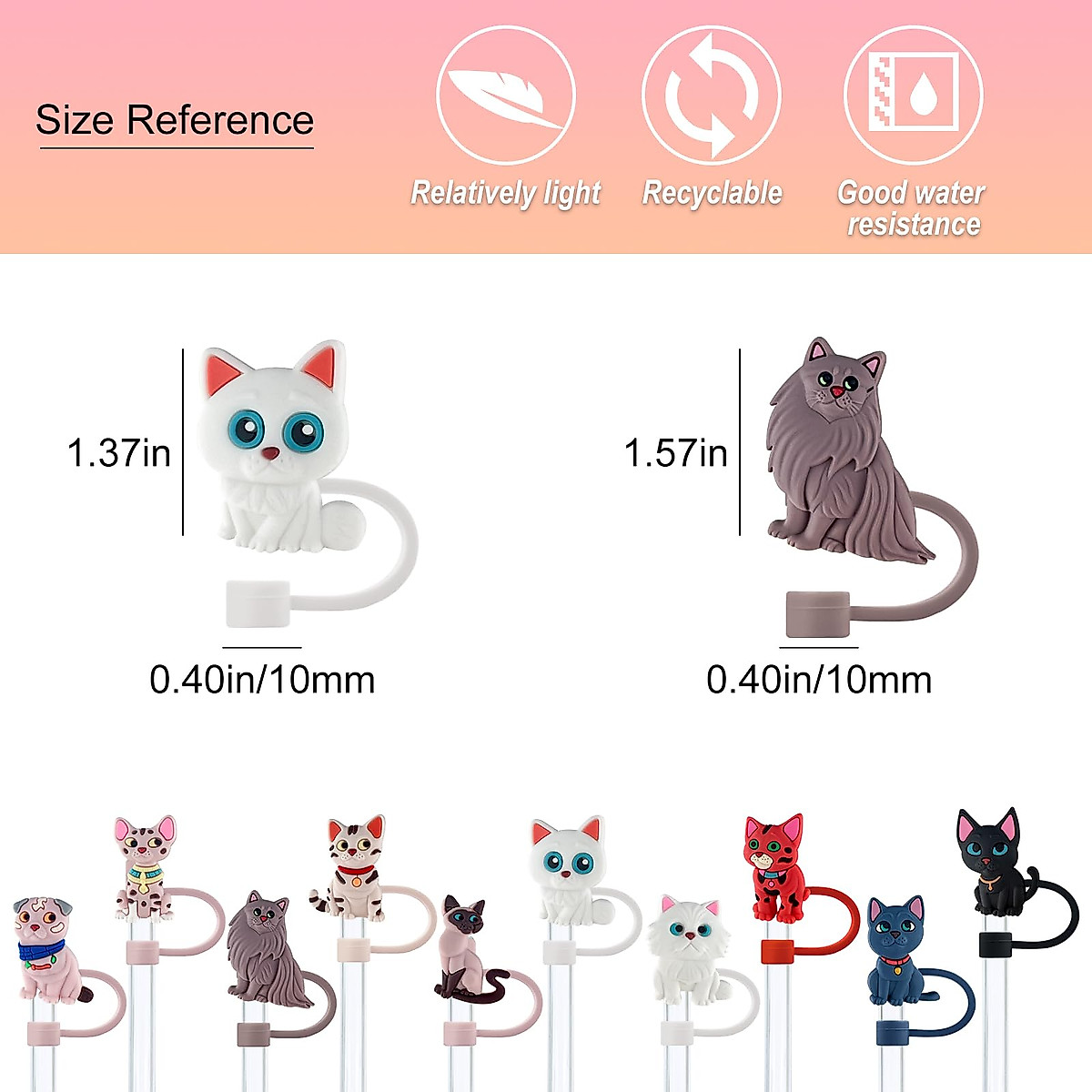 Velaco 10Pcs 0.4in/10mm Diameter Silicone Straw Covers Cap Compatible with Stanley 20 30&40 Oz Cup, Cute Cat Straw Toppers for Stanley 40 Oz Tumbler with Handle, Dust-Proof Straw Caps for Water Bottle