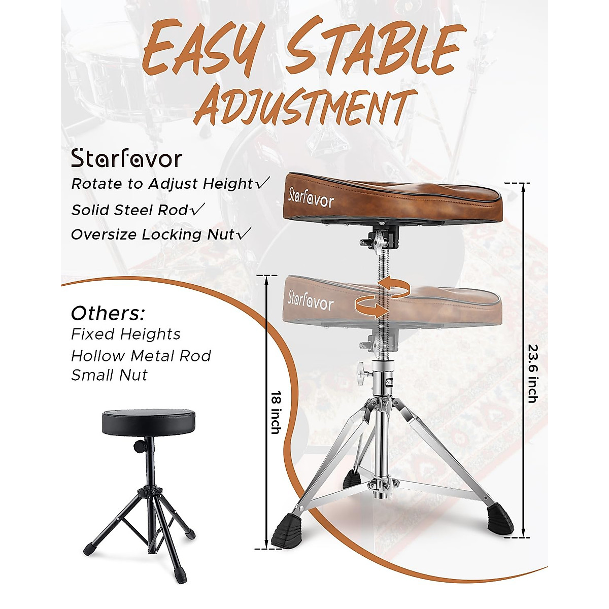 Starfavor Drum Throne Height Adjustable Padded Seat Drum Stool, with Double Braced Anti-Slip Feet Swivel Drum Chair, Butt Shape, Brown, ST-550BR
