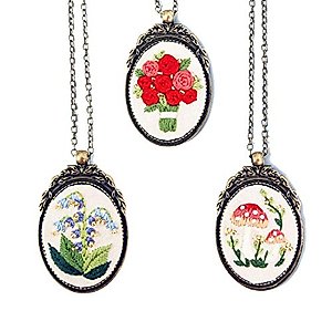 Akacraft Retro Necklace Embroidery Starter Kit, Handmade DIY Cloth with Stamped Floral Patterns, 5 Inch Cross Stitch Hoop, Crewel Needle Point Floss, Vintage Golden Beads B