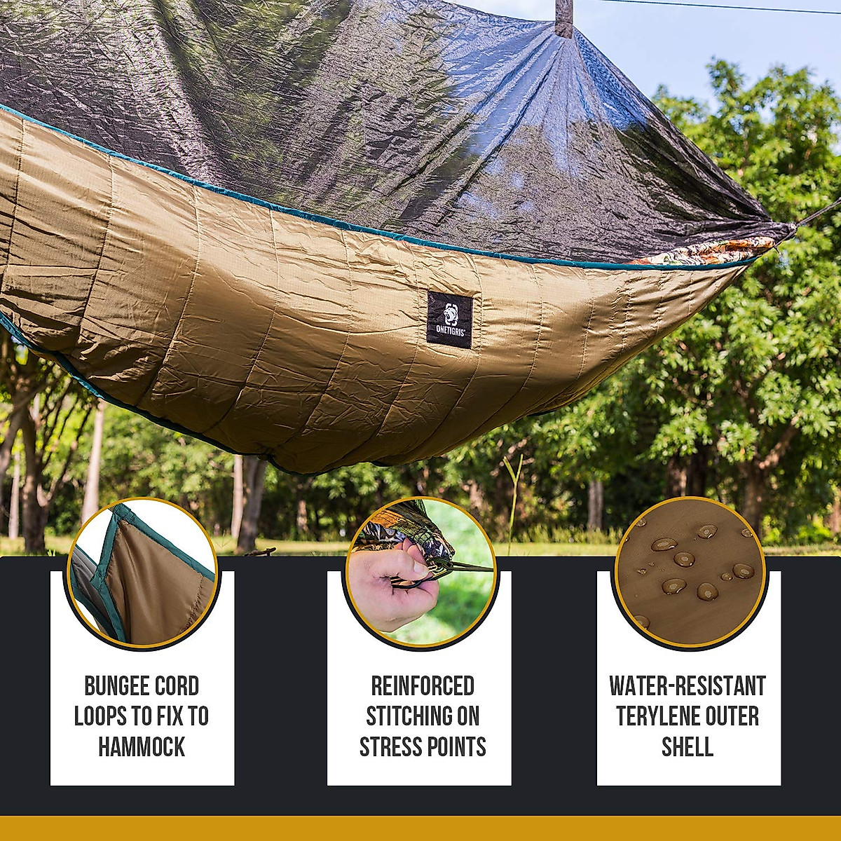 OneTigris Hideout Hammock Underquilt, Full Length Lightweight 4 Season Hammock Gear Underquilt for Hammock Camping Hiking Backpacking Travel Beach Backyard Patio Portable, Coyote Brown