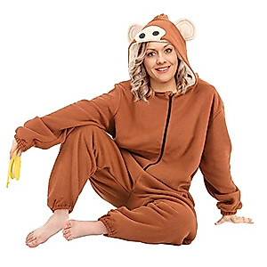 Tao-Ge Monkey Onesie Adult Men Women Monkey Costume Pajamas Animal Onesies Suit for Christmas with Funny Banana Accessories Brown