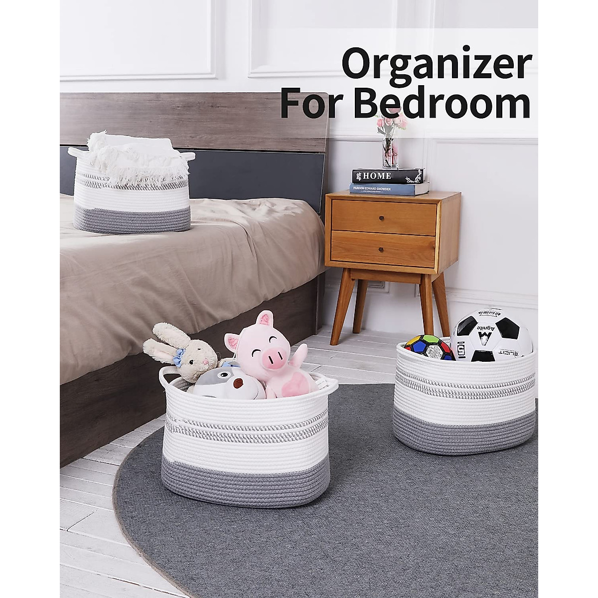 HONIZER Woven Baskets for Storage, 3-Pack Cotton Rope Storage Basket with Handles, Labels, Oval Toy Storage Bins for Cube Organizer, Stuffed Animal Storage Baskets for Shelf, Closet, Bedroom - Grey