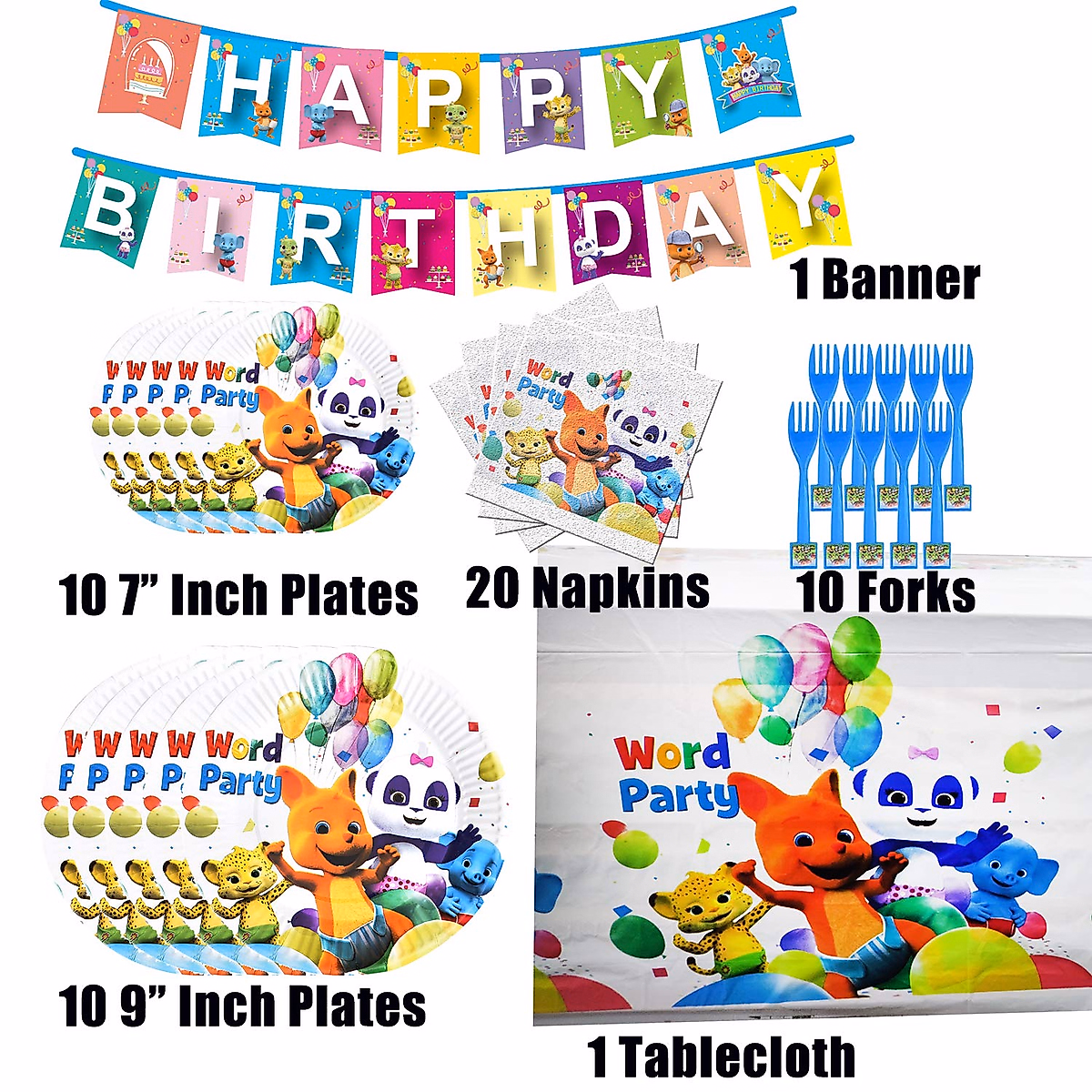 Word Party Birthday Party Supplies Set, Word Party Theme Party Decoration includes Happy Birthday Banner, Tablecover, Napkins, Plates, Forks for Baby, Boys and Girls