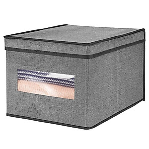 mDesign Large Fabric Stackable Closet Organizer Box with Clear Window/Lid for Bedroom, Office, Bathroom, Mudroom Organization - Shoe, Sweater, Clothes Storage, Lido Collection, 2 Pack, Dark Gray/Black
