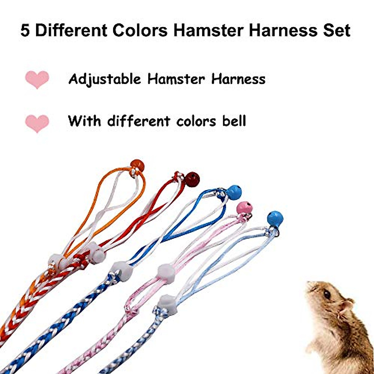 WoYous Hamster Harness 5 Pieces Adjustable Small Animal Bell Harness Rope Harness for Lead Walking Pet Gerbil, Rat, Mouse, Hamster Harness