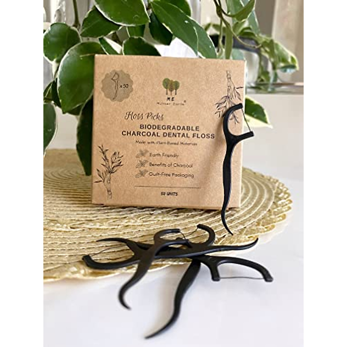 Me Mother Earth Vegan Dental Floss Picks (200 Count) – Natural | Sustainable | Eco Friendly | Charcoal Dental Flossers for a Zero Waste Oral Care
