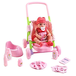 deAO Baby Doll Stroller Set Doll Playset with Smooth Rolling 11Pcs Baby Doll Feeding Accessories -12 Inch Baby Doll Set,Great Nurturing Pretend Toy for 3+ Girls…