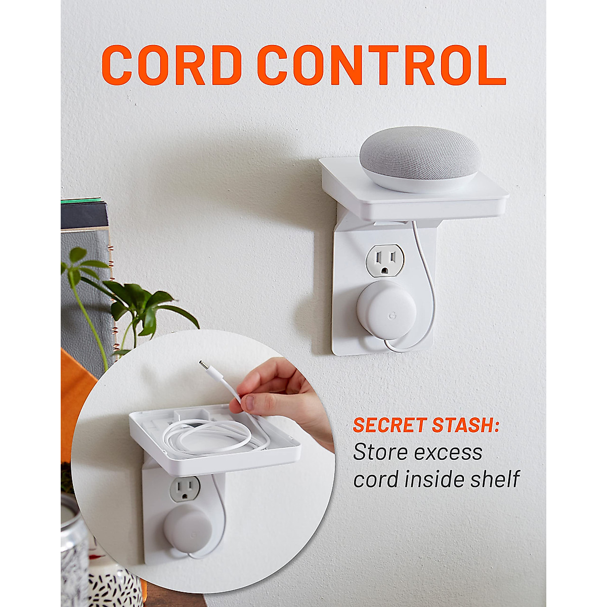 ECHOGEAR Outlet Shelf for Standard Outlets - Next-Gen Design with Built in-Cord Storage & Room for Bulky Plugs - Quick Install with Included Hardware